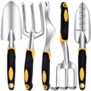 garden tool set, 5 piece garden tools, garden kit heavy duty gardening tool, ergonomic handle shovel rake shears sickle digging hoes tool kit for women men gardener, garden starter kit gifts for women