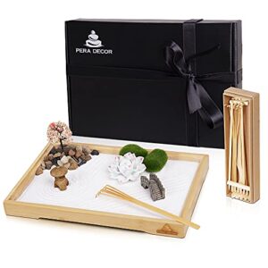 zen garden kit for desk, 11×7.5 inches japanese zen garden with large bamboo tray, white sand, rake tools set, small river rocks, meditation accessories, mini zen garden gift set for office