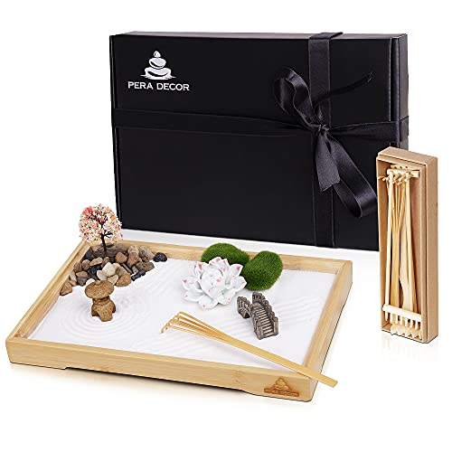 Zen Garden Kit for Desk, 11x7.5 Inches Japanese Zen Garden with Large Bamboo Tray, White Sand, Rake Tools Set, Small River Rocks, Meditation Accessories, Mini Zen Garden Gift Set for Office