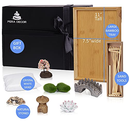 Zen Garden Kit for Desk, 11x7.5 Inches Japanese Zen Garden with Large Bamboo Tray, White Sand, Rake Tools Set, Small River Rocks, Meditation Accessories, Mini Zen Garden Gift Set for Office