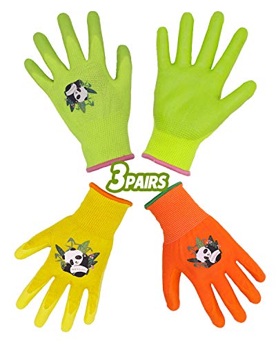 HANDLANDY Kids Gardening Gloves for Age 2-13 Latex Free, 3 Pairs Nitrile Coated Toddler Garden Gloves for Childrens Little Girls Boys Youth (Size 2（for age 2-4）)