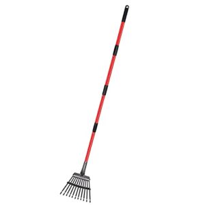 adjustable garden rake for leaves,38”-63”long handle garden rake,expanding metal 11 tines shrub rake,lightweight heavy duty handle thatch rake,professional lawn rake to collect leaf & poop among yards