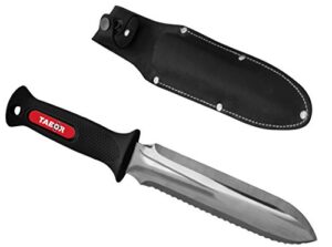 tabor tools h31a hori hori garden knife, soil knife, landscaping and weeding tool, ideal for gardening, hunting, camping and metal detecting, with strong pu leather sheath and stainless steel blade.