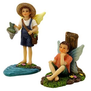 pretmanns fairy garden fairy figurines – adorable fishing boy garden fairies – small fairies for gardens – the boy fairies are ideal accessories for an outdoor miniature garden – 2 fairies