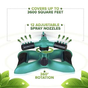 Signature Garden Water Sprinklers for Yard, Three Arm Sprinkler, 12 Built-in Spray Nozzles, 360 Degree Rotation, Connect Multiple Large for Large Or Small Grass Lawn Area