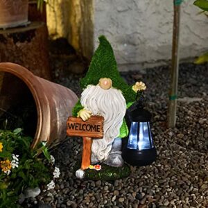 LNPNRENG Flocked Resin Gnome Garden Decoration Figures, Garden Gnomes for Outdoor Use with LED Solar Lantern, Waterproof, Funny, Welcome Gnome, Gift for Home, Yard, Lawn, Balcony Decoration 30 cm