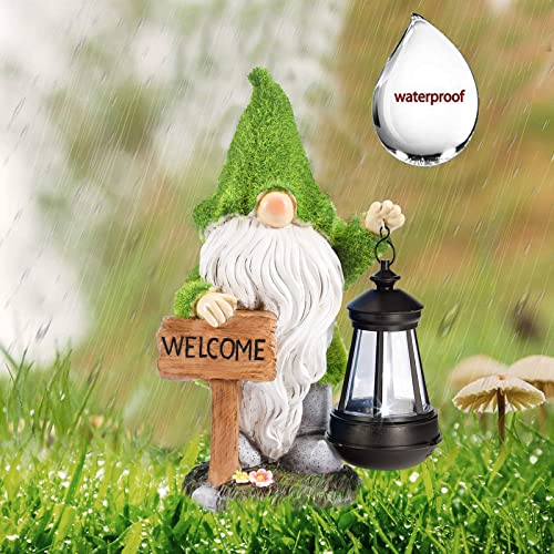 LNPNRENG Flocked Resin Gnome Garden Decoration Figures, Garden Gnomes for Outdoor Use with LED Solar Lantern, Waterproof, Funny, Welcome Gnome, Gift for Home, Yard, Lawn, Balcony Decoration 30 cm