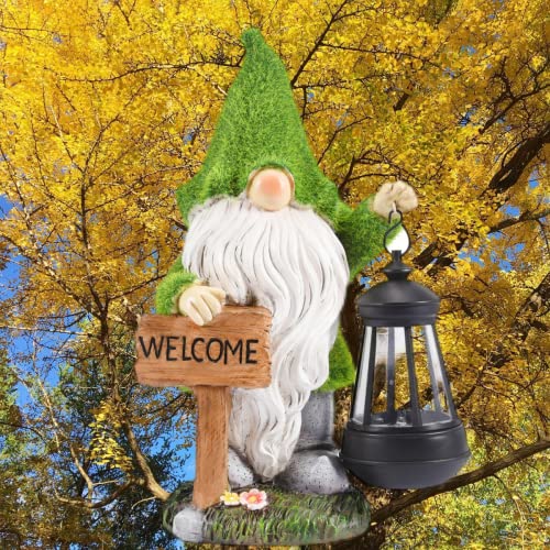 LNPNRENG Flocked Resin Gnome Garden Decoration Figures, Garden Gnomes for Outdoor Use with LED Solar Lantern, Waterproof, Funny, Welcome Gnome, Gift for Home, Yard, Lawn, Balcony Decoration 30 cm