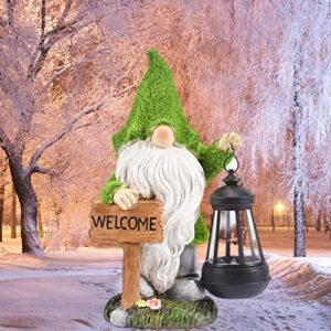 LNPNRENG Flocked Resin Gnome Garden Decoration Figures, Garden Gnomes for Outdoor Use with LED Solar Lantern, Waterproof, Funny, Welcome Gnome, Gift for Home, Yard, Lawn, Balcony Decoration 30 cm