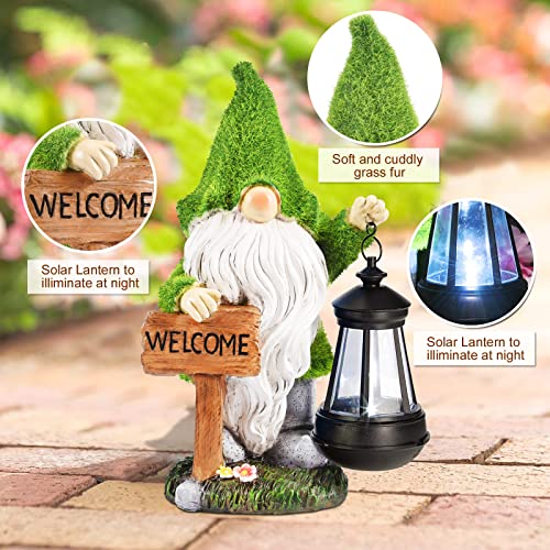 LNPNRENG Flocked Resin Gnome Garden Decoration Figures, Garden Gnomes for Outdoor Use with LED Solar Lantern, Waterproof, Funny, Welcome Gnome, Gift for Home, Yard, Lawn, Balcony Decoration 30 cm