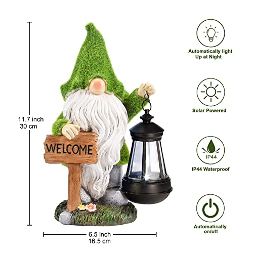 LNPNRENG Flocked Resin Gnome Garden Decoration Figures, Garden Gnomes for Outdoor Use with LED Solar Lantern, Waterproof, Funny, Welcome Gnome, Gift for Home, Yard, Lawn, Balcony Decoration 30 cm