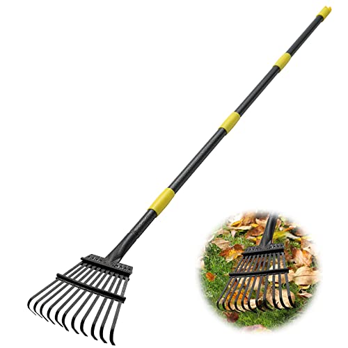 Garden Leaves Rake,60 Inch Heavy Duty Small Shrub Rake 11 Metal Tines 8.5 inch Wide,Adjustable Steel Handle,Garden Leaf Rake for Collecting Debris Among Flower Beds, Delicate Plants, Lawns ,Yards