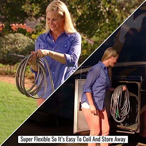 Bernini 50' Metal Garden Hose Lite Super Flexible Garden Hose, Lightweight No Kink Puncture Resistant 304 Stainless Steel Hose With Adjustable Fireman Spray Nozzle & Patented Power Couplers - Pink