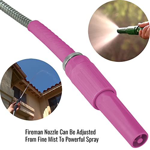 Bernini 50' Metal Garden Hose Lite Super Flexible Garden Hose, Lightweight No Kink Puncture Resistant 304 Stainless Steel Hose With Adjustable Fireman Spray Nozzle & Patented Power Couplers - Pink