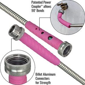 Bernini 50' Metal Garden Hose Lite Super Flexible Garden Hose, Lightweight No Kink Puncture Resistant 304 Stainless Steel Hose With Adjustable Fireman Spray Nozzle & Patented Power Couplers - Pink