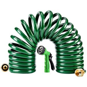 Yereen Coil Garden Hose 25FT, EVA Recoil Garden Hose, Heavy Duty Self-coiling Hose Coil with Corrosion-resistant Solid Brass Fittings, Retractable Collapsible Water Hose with 7 Function Water Sprayer