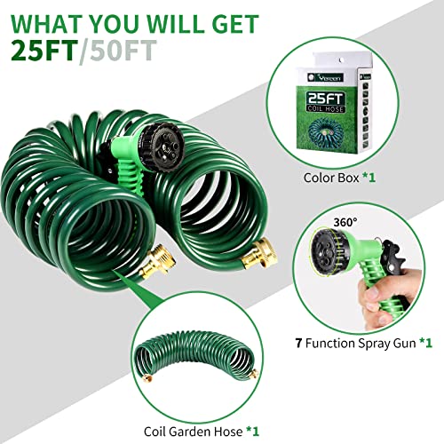 Yereen Coil Garden Hose 25FT, EVA Recoil Garden Hose, Heavy Duty Self-coiling Hose Coil with Corrosion-resistant Solid Brass Fittings, Retractable Collapsible Water Hose with 7 Function Water Sprayer