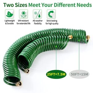 Yereen Coil Garden Hose 25FT, EVA Recoil Garden Hose, Heavy Duty Self-coiling Hose Coil with Corrosion-resistant Solid Brass Fittings, Retractable Collapsible Water Hose with 7 Function Water Sprayer