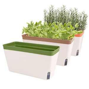 ourwarm windowsill herb planter box indoor set of 3, 10.5 inch self watering planter pots with visual water level window, modern plastic plant pots for herbs, vegetables, succulents plants