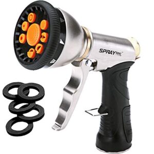 hose sprayer nozzle – premium heavy duty garden hose nozzle – 9 adjustable high pressure spray nozzle patterns – water hose nozzle best for plants, lawn, car wash, patio, dog -5 extra washers-spraytec