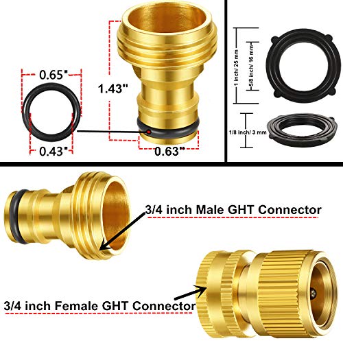 5 Set Garden Hose Quick Connect Fittings Solid Brass Quick Connector 3/4 Inch GHT Garden Water Hose Connectors with Extra Rubber Washers, Male and Female