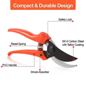 VINGTOK Garden Pruning Shears, 8'' Professional Hand Clippers & Trimmers, Heavy Duty Bypass Scissors for Plant, Pruner Garden Tool with Hardness Carbon Steel Blades for Gardeners, Women, Men