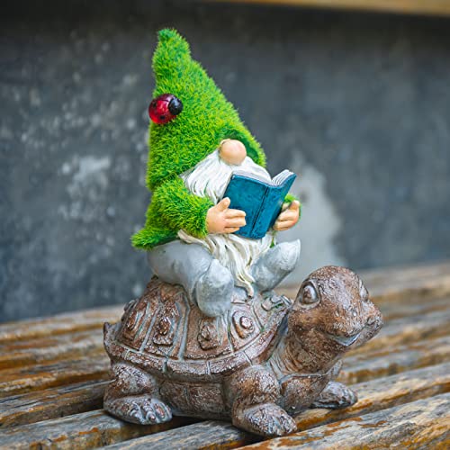 Ovewios Garden Gnome Sitting on Turtle Outdoor Statues and Sculpture with Solar Lights, Resin Garden Gnome Solar Statues and Turtle Figurines for Patio Yard Lawn Porch Outdoor Garden Decorations