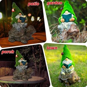 Ovewios Garden Gnome Sitting on Turtle Outdoor Statues and Sculpture with Solar Lights, Resin Garden Gnome Solar Statues and Turtle Figurines for Patio Yard Lawn Porch Outdoor Garden Decorations