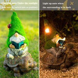 Ovewios Garden Gnome Sitting on Turtle Outdoor Statues and Sculpture with Solar Lights, Resin Garden Gnome Solar Statues and Turtle Figurines for Patio Yard Lawn Porch Outdoor Garden Decorations