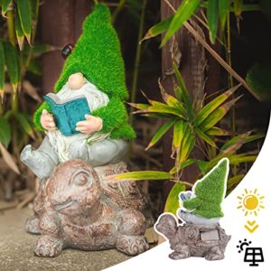 Ovewios Garden Gnome Sitting on Turtle Outdoor Statues and Sculpture with Solar Lights, Resin Garden Gnome Solar Statues and Turtle Figurines for Patio Yard Lawn Porch Outdoor Garden Decorations