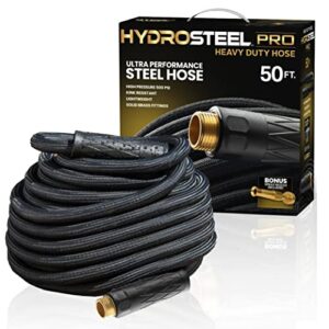 hydrosteel 50 foot metal garden hose 304 stainless steel water hose – super tough & flexible, lightweight, ultra heavy duty brass fittings, kink free, rust proof, easy to store, 600 psi strength