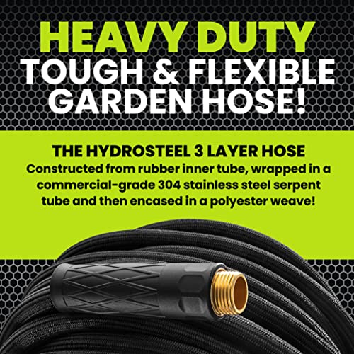 Hydrosteel 50 Foot Metal Garden Hose 304 Stainless Steel Water Hose – Super Tough & Flexible, Lightweight, Ultra Heavy Duty Brass Fittings, Kink Free, Rust Proof, Easy to Store, 600 PSI Strength