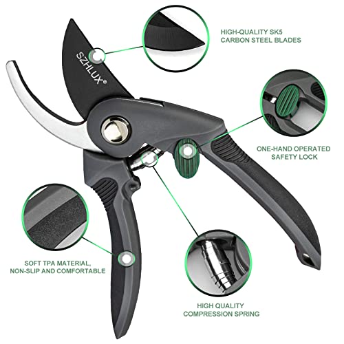 SZHLUX Pruning Shears, Premium SK5 Carbon Steel Blades Hand Pruner for Garden, Sharp Precision Pruning Scissors, 5/8’’ Plant Clippers， Tree Trimmers