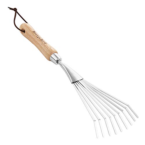 Berry&Bird Gardening Hand Shrub Rake, 14.7" Stainless Steel Grass Rake, 9 Tines Fan Lawn Leaf with Ergonomic Wooden Handle, Small Hand Rake for Sweep Leaves & Loose Debris in Garden, Lawns and Yards