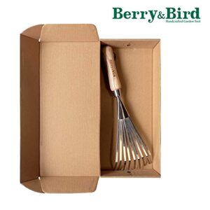 Berry&Bird Gardening Hand Shrub Rake, 14.7" Stainless Steel Grass Rake, 9 Tines Fan Lawn Leaf with Ergonomic Wooden Handle, Small Hand Rake for Sweep Leaves & Loose Debris in Garden, Lawns and Yards