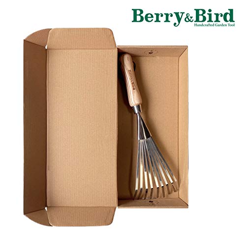 Berry&Bird Gardening Hand Shrub Rake, 14.7" Stainless Steel Grass Rake, 9 Tines Fan Lawn Leaf with Ergonomic Wooden Handle, Small Hand Rake for Sweep Leaves & Loose Debris in Garden, Lawns and Yards