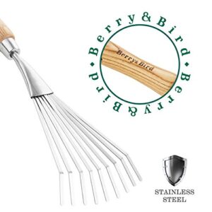 Berry&Bird Gardening Hand Shrub Rake, 14.7" Stainless Steel Grass Rake, 9 Tines Fan Lawn Leaf with Ergonomic Wooden Handle, Small Hand Rake for Sweep Leaves & Loose Debris in Garden, Lawns and Yards