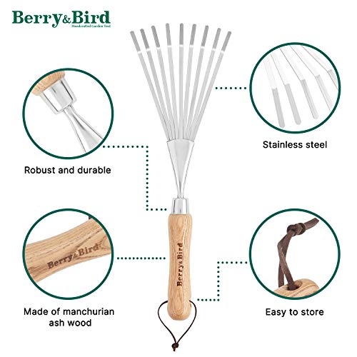 Berry&Bird Gardening Hand Shrub Rake, 14.7" Stainless Steel Grass Rake, 9 Tines Fan Lawn Leaf with Ergonomic Wooden Handle, Small Hand Rake for Sweep Leaves & Loose Debris in Garden, Lawns and Yards