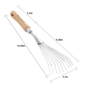 Berry&Bird Gardening Hand Shrub Rake, 14.7" Stainless Steel Grass Rake, 9 Tines Fan Lawn Leaf with Ergonomic Wooden Handle, Small Hand Rake for Sweep Leaves & Loose Debris in Garden, Lawns and Yards