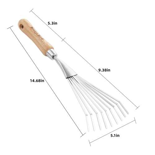 Berry&Bird Gardening Hand Shrub Rake, 14.7" Stainless Steel Grass Rake, 9 Tines Fan Lawn Leaf with Ergonomic Wooden Handle, Small Hand Rake for Sweep Leaves & Loose Debris in Garden, Lawns and Yards