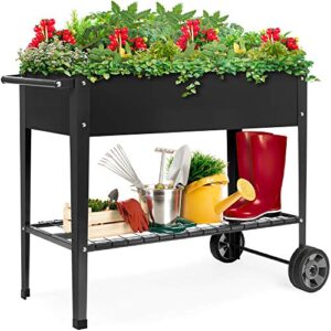 best choice products elevated mobile raised ergonomic metal planter garden bed for backyard, patio w/wheels, lower shelf, 38x16x32in, dark gray