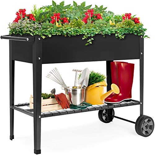 Best Choice Products Elevated Mobile Raised Ergonomic Metal Planter Garden Bed for Backyard, Patio w/Wheels, Lower Shelf, 38x16x32in, Dark Gray