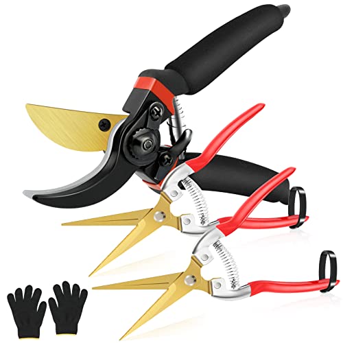 Pruning Shears for Gardening 3 Pack, WEIKA 8.5" Professional Titanium Bypass Garden Shears and 2 8.3" Garden Scissors and Gloves, Ultra Sharp Pruners Clippers for Trimming Bushes Flowers Plants