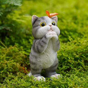 pohabery garden outdoor decor cat statue with solar butterfly light cat garden decor solar cat yard decor for patio, balcony, yard, lawn ornament