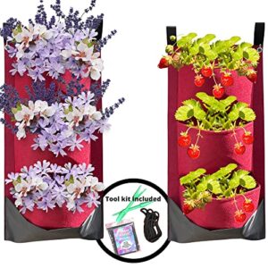 Vertical Wall Hanging Felt Fabric Planter Grow Bags/Hanging Garden Planter Kit Red Felt Waterproof Back 2 Pack x 3 Pocket for Indoor or Outdoor/Vegetable, Herb, Flower, Succulent or Seed Planter