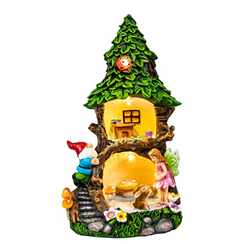 Ovewios Fairy House Statues Outdoor Decor, Large Garden Gnome House Figurines with Solar Lights Waterproof Resin Outdoor Statues for Patio Yard Lawn Decorations