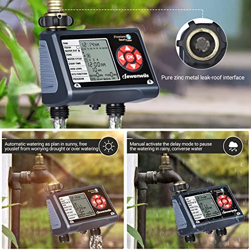 DEWENWILS Sprinkler Timer 2 Zone, Water Hose Garden Irrigation Timer with 4 Programmable Procedure and Low Battery Warning, Repeat Watering over Period, Faucet Controller with Rain Delay Mode for Lawn