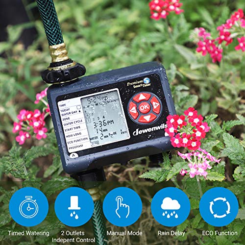 DEWENWILS Sprinkler Timer 2 Zone, Water Hose Garden Irrigation Timer with 4 Programmable Procedure and Low Battery Warning, Repeat Watering over Period, Faucet Controller with Rain Delay Mode for Lawn