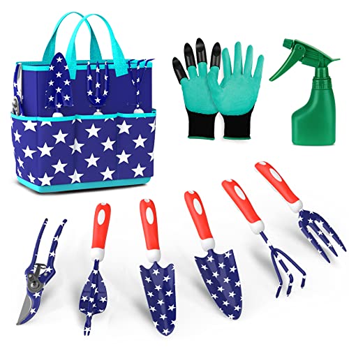 Wosnows Garden Tool Set, National Flag Style Stainless Steel Heavy Duty Gardening Tool Set, with Non-Slip Rubber Gloves, Durable Gardening Hand Tools Bag, Great Garden Tool Kit Gifts for Women and Men