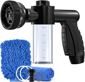 garden hose nozzle, yiebaels high pressure foam sprayer 8 spray patterns with 3.5oz/100cc soap dispenser and washing mitt, water hose soap nozzle sprayer for watering plants, car wash, pet showering